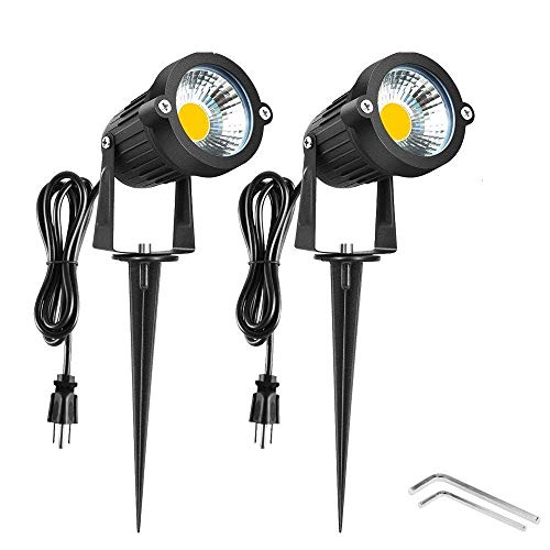 Onerbuy Bright Outdoor LED Landscape Lighting 5W COB Garden Wall Yard Path Lawn Light Lamp with Spiked Stand and Power Plug, Pack of 2 (Warm White)