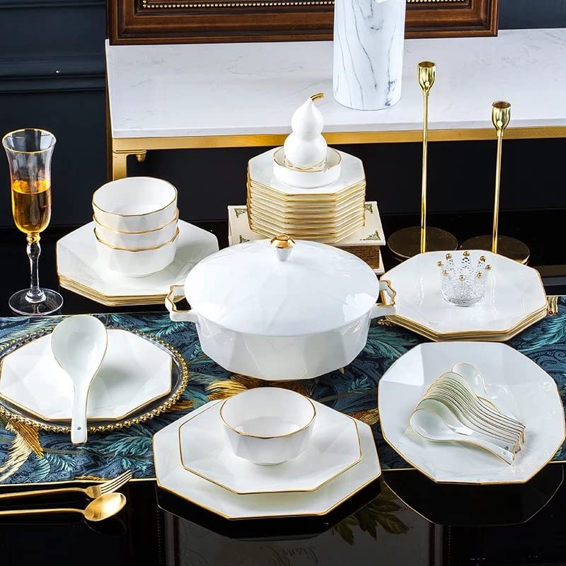 MBBJM 58 Heads Ceramic Dinner Dish Rice Bowl Soup Salad Noodles Bowl Plate Dinnerware Set (Tableware 1 Set And 1 Pot)