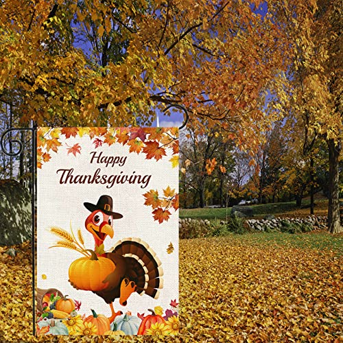 Happy Thanksgiving Garden Flags, Thanksgiving Yard Flag, Pumpkins Maple leaves Fall Flag Harvest Turkey Flags Double Sided Burlap House Decorations for Home 12 x 18 Inch