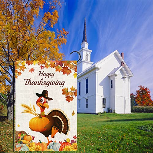 Happy Thanksgiving Garden Flags, Thanksgiving Yard Flag, Pumpkins Maple leaves Fall Flag Harvest Turkey Flags Double Sided Burlap House Decorations for Home 12 x 18 Inch