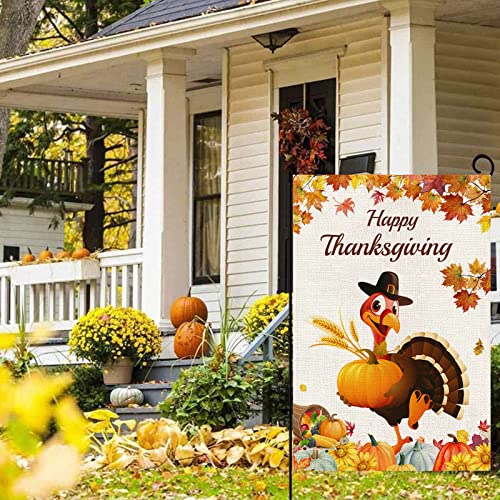 Happy Thanksgiving Garden Flags, Thanksgiving Yard Flag, Pumpkins Maple leaves Fall Flag Harvest Turkey Flags Double Sided Burlap House Decorations for Home 12 x 18 Inch