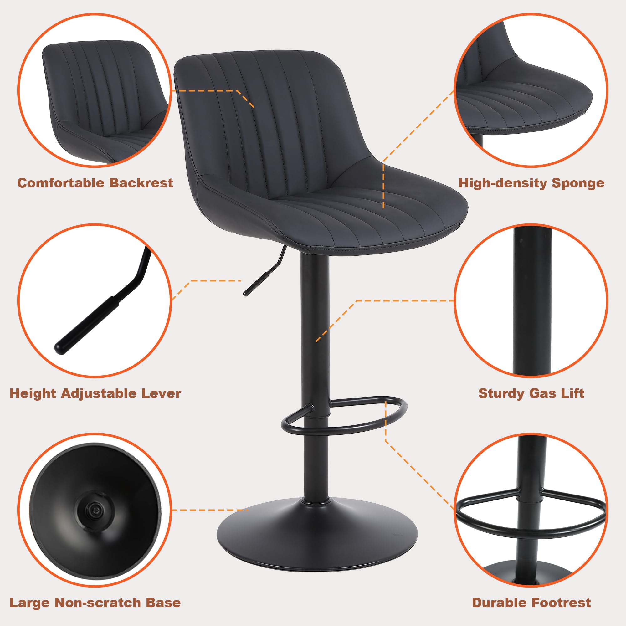 Youhauchair Bar Stools Set of 2, Swivel Counter Height Barstools with Back, Adjustable PU Leather Bar Chairs, Modern Armless Kitchen Island Stool, Black