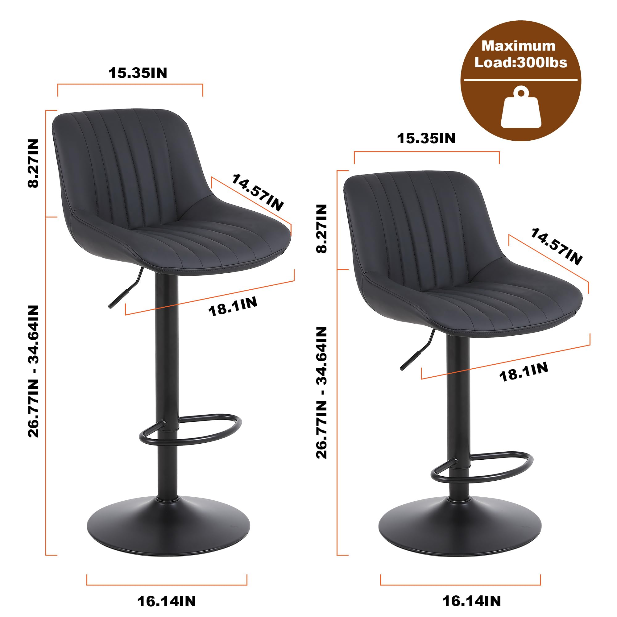 Youhauchair Bar Stools Set of 2, Swivel Counter Height Barstools with Back, Adjustable PU Leather Bar Chairs, Modern Armless Kitchen Island Stool, Black