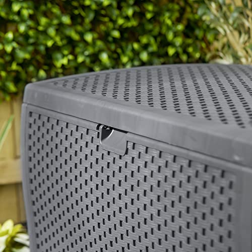 Suncast 73 Gallon Medium Resin Wicker Indoor/Outdoor Storage Box for Garden Tools, Pool Accessories, and Patio Cushions, Cyberspace