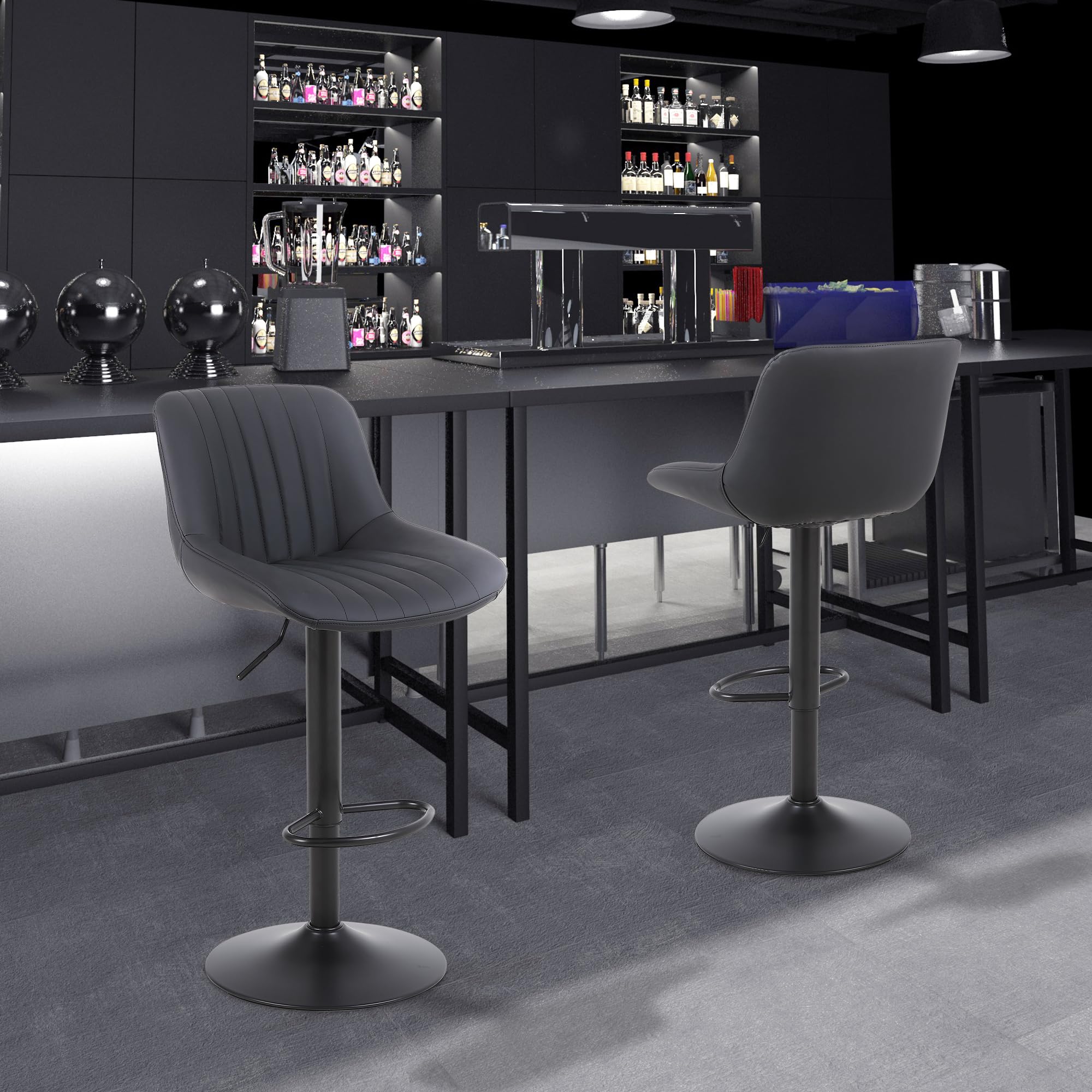 Youhauchair Bar Stools Set of 2, Swivel Counter Height Barstools with Back, Adjustable PU Leather Bar Chairs, Modern Armless Kitchen Island Stool, Black