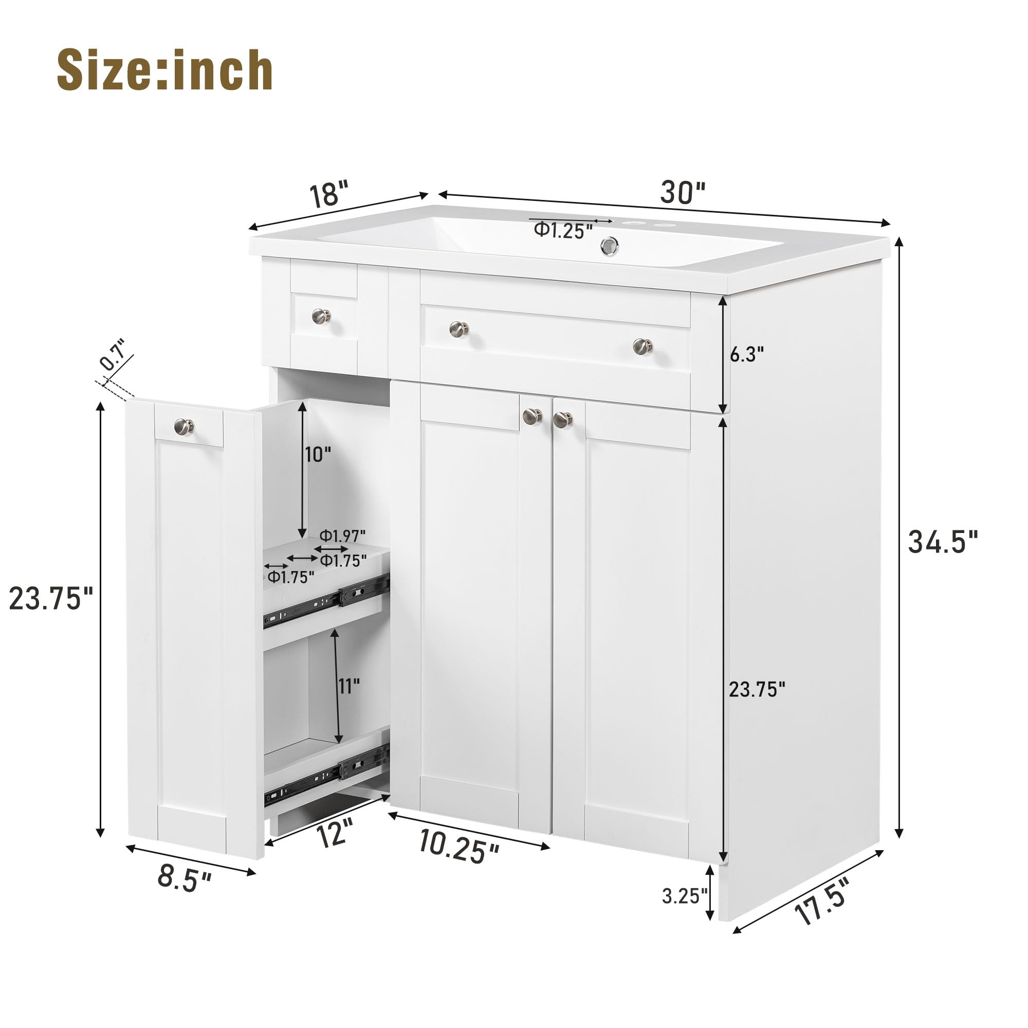 PULLAFUN 30" White Bathroom Vanity with Single Sink,Combo Cabinet Undermount Sink,Bathroom Storage Cabinet vanities