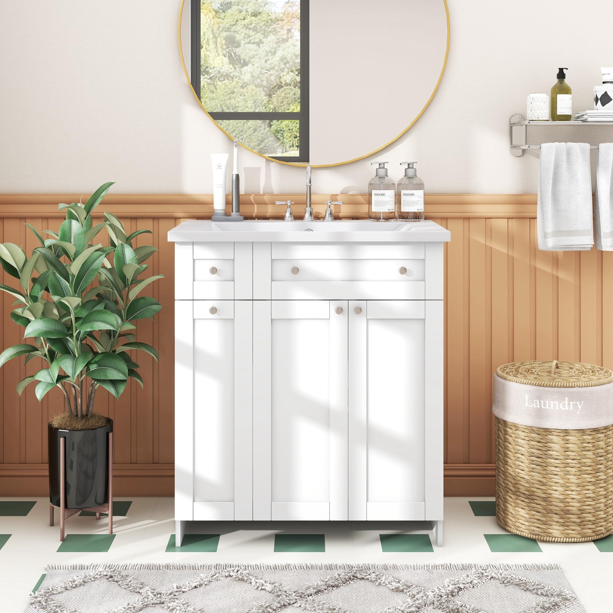 PULLAFUN 30" White Bathroom Vanity with Single Sink,Combo Cabinet Undermount Sink,Bathroom Storage Cabinet vanities