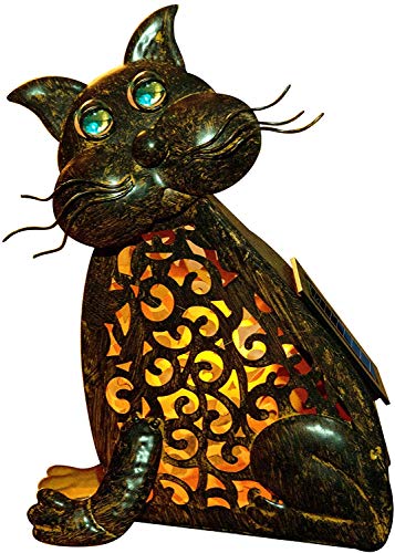 A-FFORDABLE Outdoor Garden Yard Landscape Decorations Cat Lamp 3D Christmas Yard Feline Metal Figures Solar Power Amber LED Light