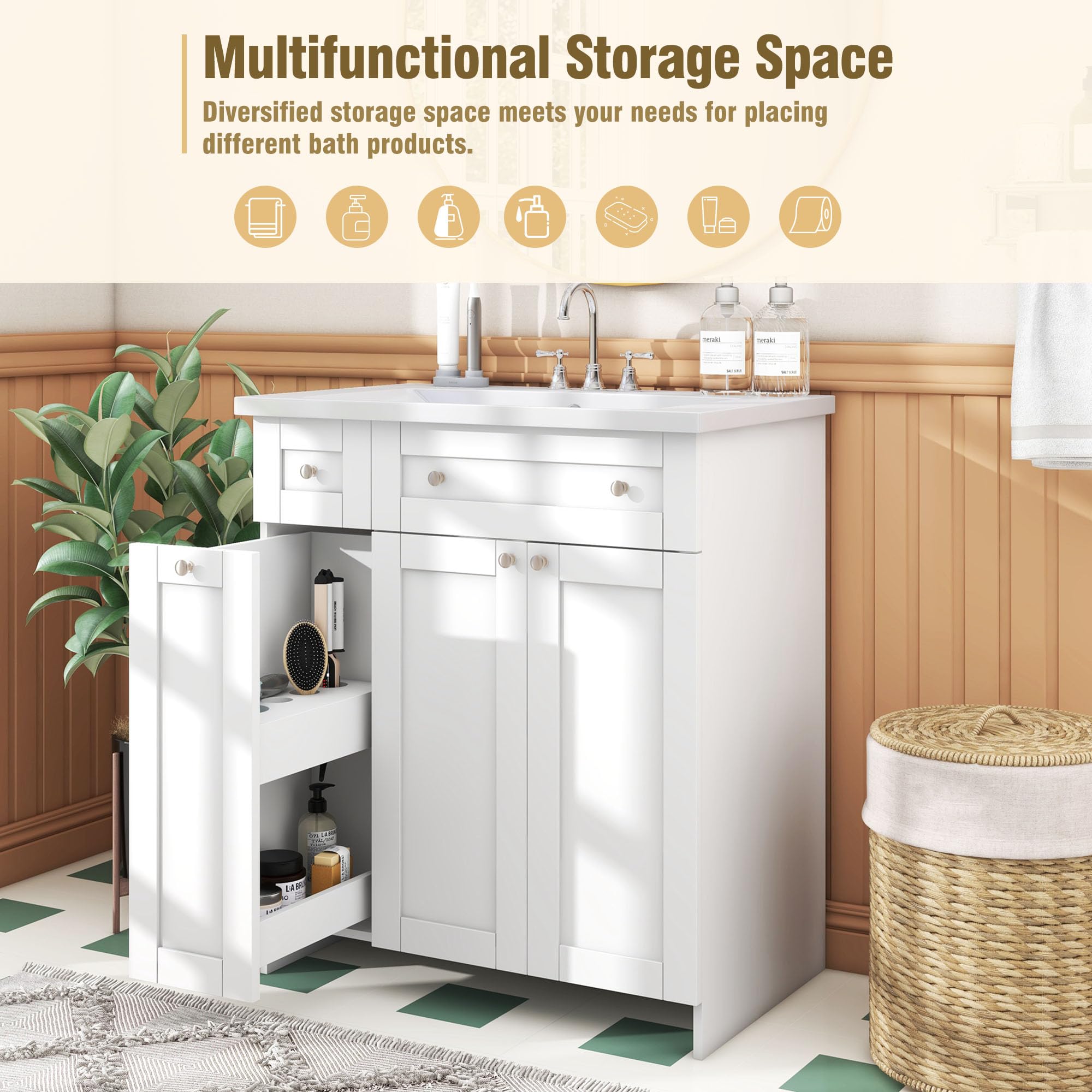 PULLAFUN 30" White Bathroom Vanity with Single Sink,Combo Cabinet Undermount Sink,Bathroom Storage Cabinet vanities