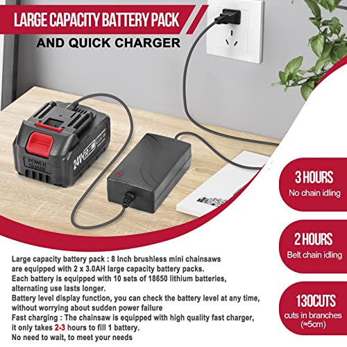 Mini Chainsaw 8 Inch, Cordless Mini Chainsaw Battery Powered with 24V 3.0Ah Batteries and 3 Chains, Brushless Motor, with Automatic Chain Lubrication