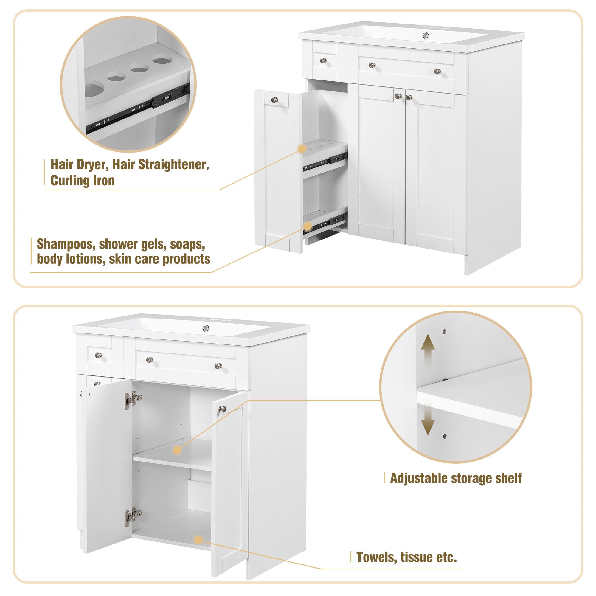 PULLAFUN 30" White Bathroom Vanity with Single Sink,Combo Cabinet Undermount Sink,Bathroom Storage Cabinet vanities