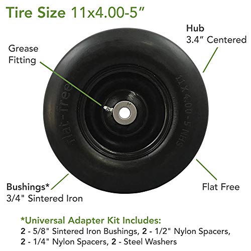 MARASTAR 00232 Universal Fit Flat Free 11 x4.00-5 Lawnmower Tire Assembly, 3.4" Centered Hub, 3/4" Bushing