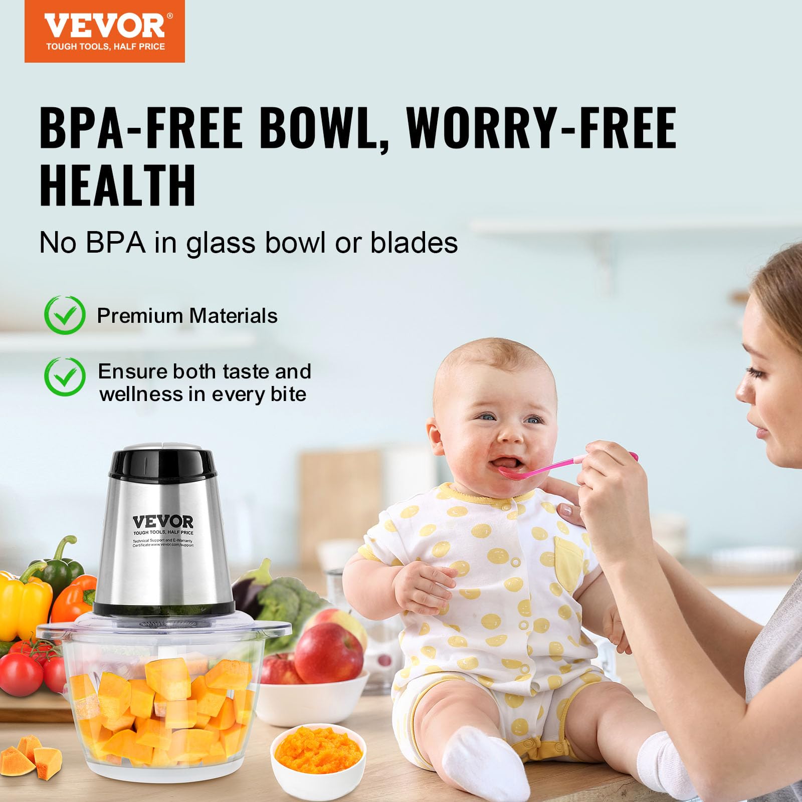 VEVOR Food Processor, Mini Electric Chopper 400W, 2 Speeds Electric Meat Grinder, Stainless Steel Meat Blender, for Baby Food, Meat, Onion, Vegetables, 5 Cup