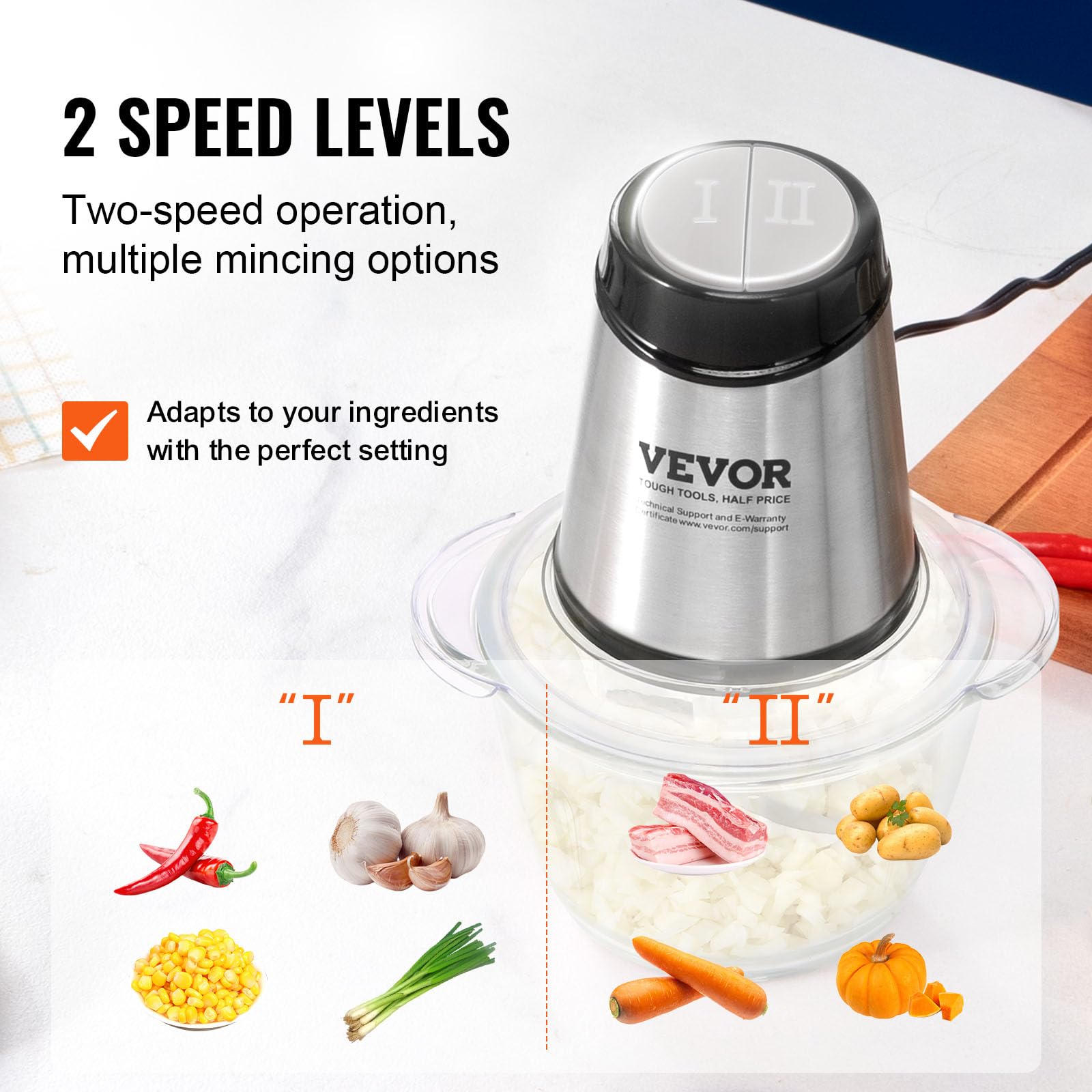VEVOR Food Processor, Mini Electric Chopper 400W, 2 Speeds Electric Meat Grinder, Stainless Steel Meat Blender, for Baby Food, Meat, Onion, Vegetables, 5 Cup