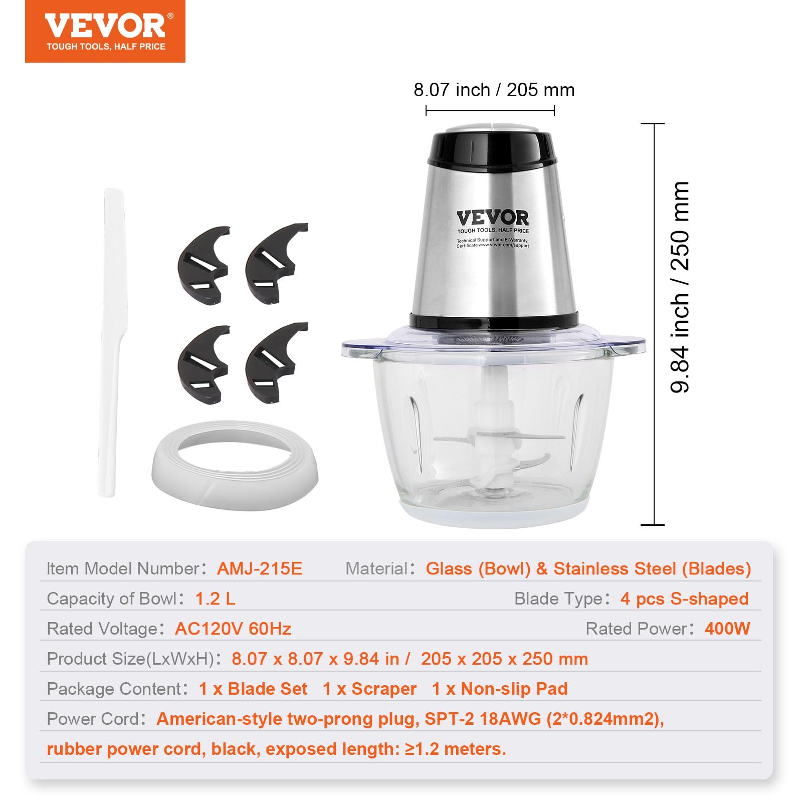 VEVOR Food Processor, Mini Electric Chopper 400W, 2 Speeds Electric Meat Grinder, Stainless Steel Meat Blender, for Baby Food, Meat, Onion, Vegetables, 5 Cup