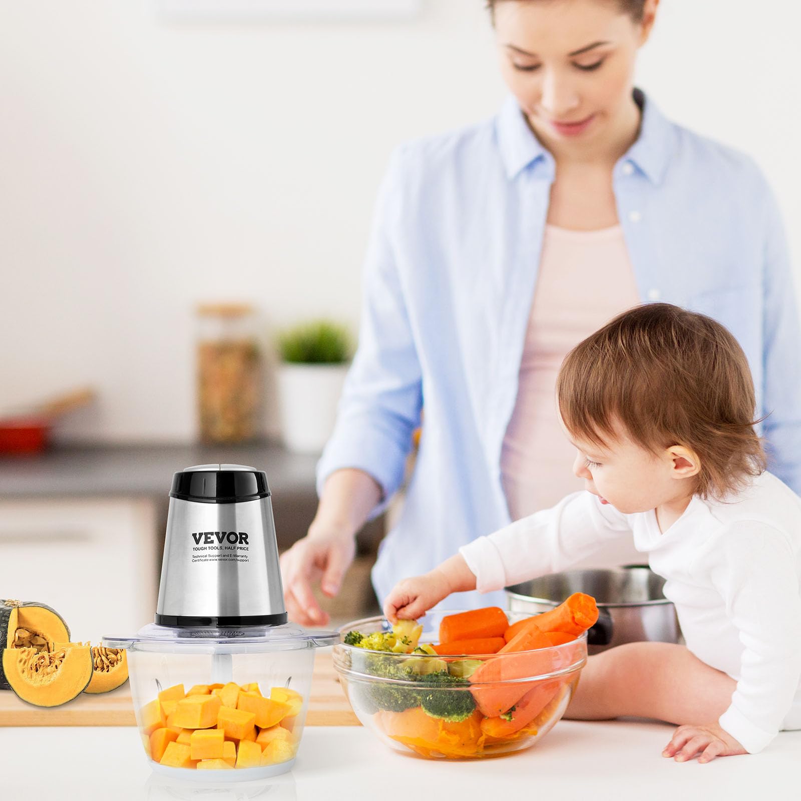 VEVOR Food Processor, Mini Electric Chopper 400W, 2 Speeds Electric Meat Grinder, Stainless Steel Meat Blender, for Baby Food, Meat, Onion, Vegetables, 5 Cup
