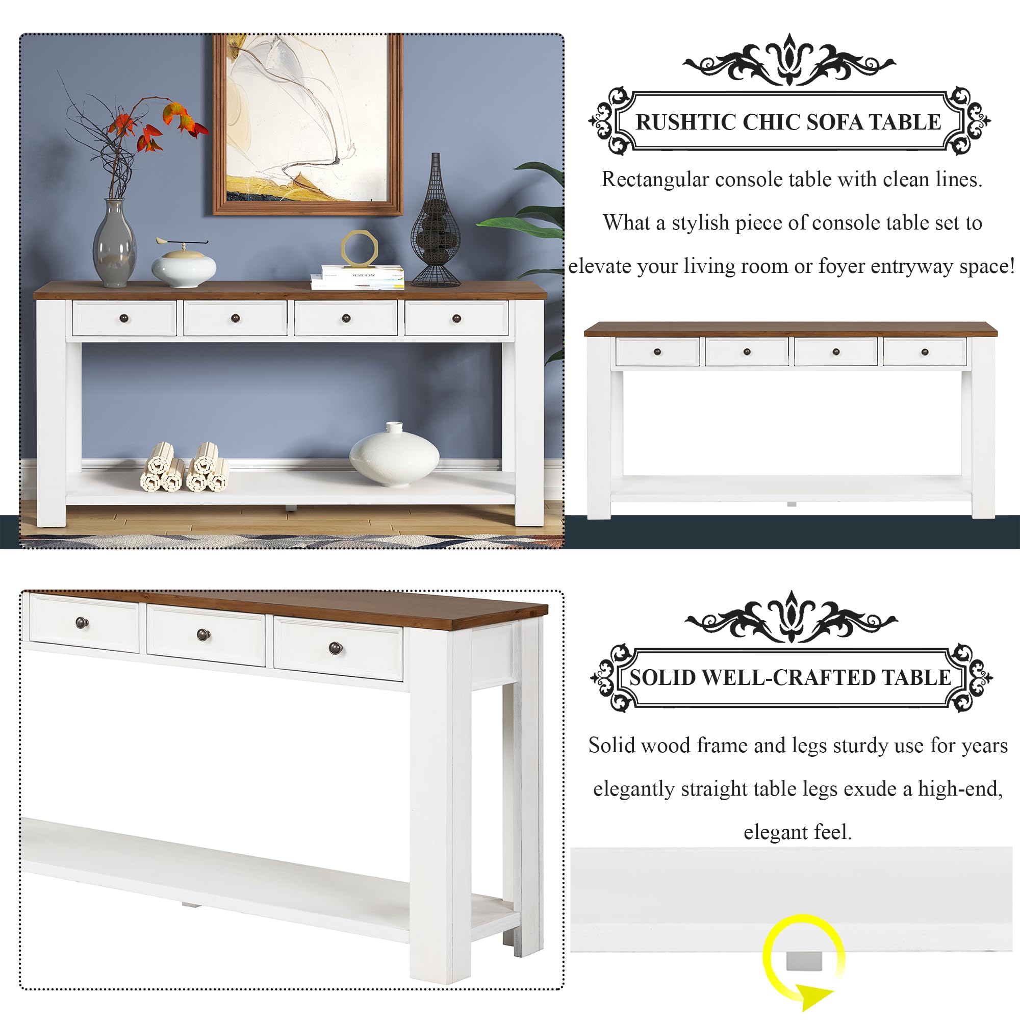 KLIECH 63" Pine Wood Console, Sofa 4 Drawers and 1 Bottom Shelf,Narrow Long Table for Living Room Entryway Hallway Bedroom,Antique White+ Brown Top