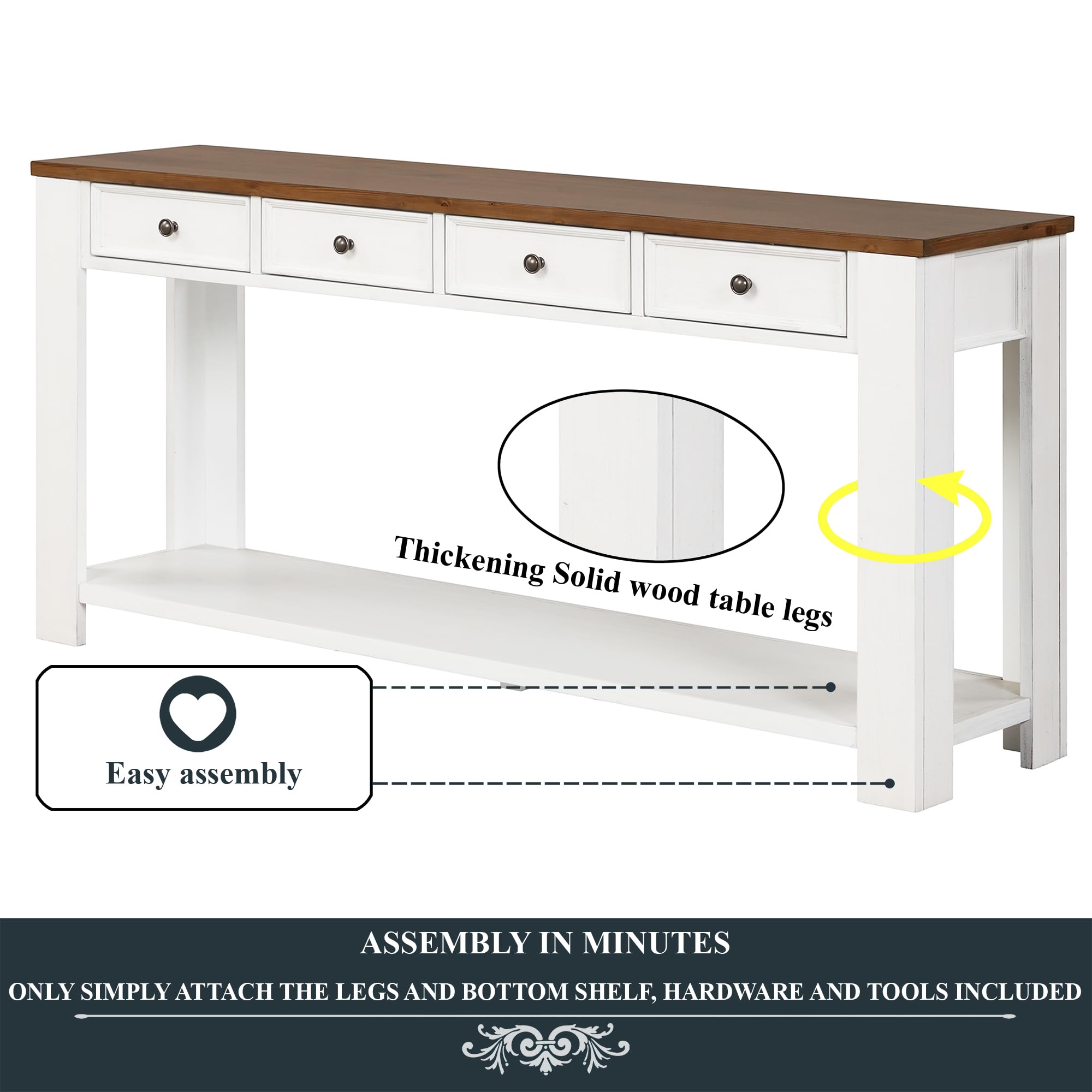 KLIECH 63" Pine Wood Console, Sofa 4 Drawers and 1 Bottom Shelf,Narrow Long Table for Living Room Entryway Hallway Bedroom,Antique White+ Brown Top