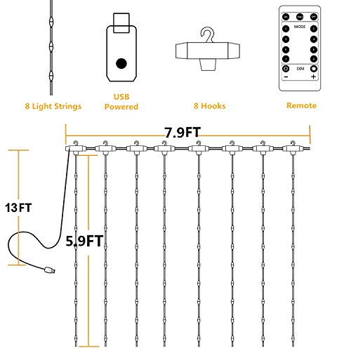 YEOLEH String Lights Curtain,USB Powered Fairy Lights for Party Bedroom Wall,8 Modes & IP64 Waterproof Ideal for Outdoor Wedding Home Garden Christmas Decor (Warm White,7.9Ft x 5.9Ft)