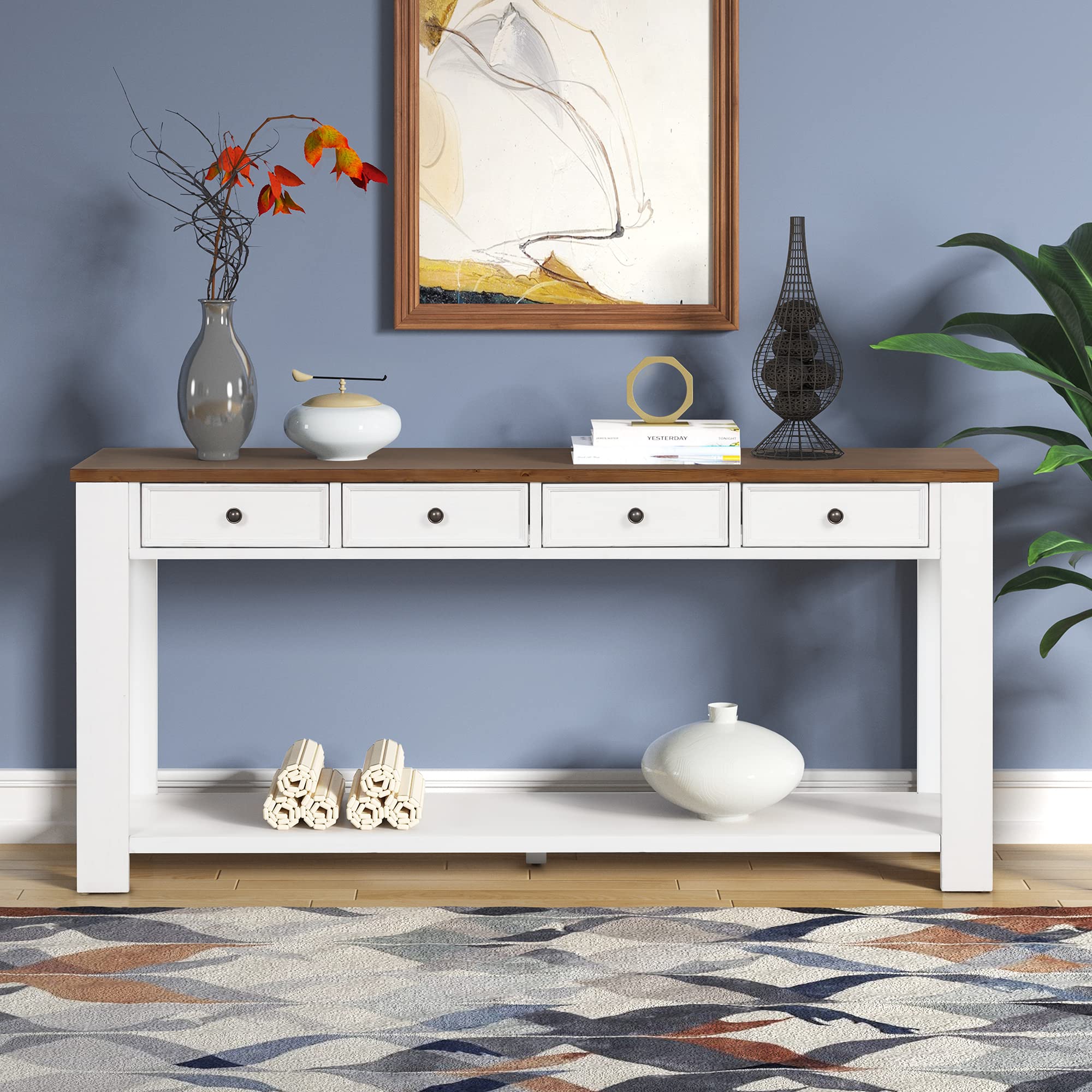 KLIECH 63" Pine Wood Console, Sofa 4 Drawers and 1 Bottom Shelf,Narrow Long Table for Living Room Entryway Hallway Bedroom,Antique White+ Brown Top