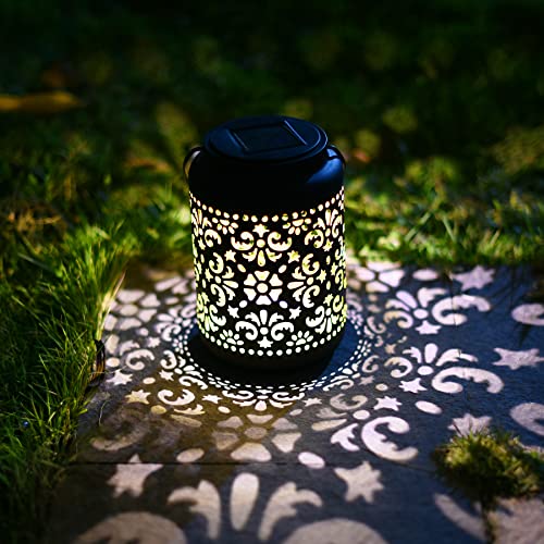 2 Pack Solar Lanterns, Large Metal Hanging Solar Lights, Vintage Outdoor Waterproof LED, Modern Moroccan Design for Garden Yard Patio Tree Tabletop Wedding Party Decorations (Matte Black)