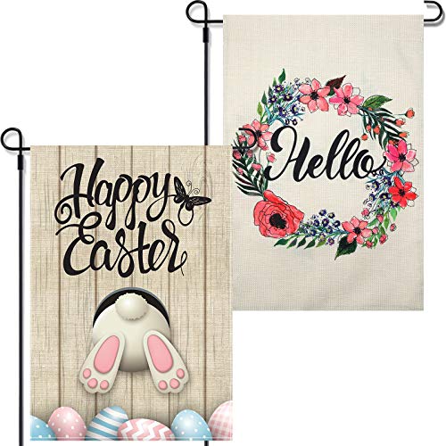 2 Pieces Happy Easter Garden Flag Hello Floral Wreath Yard Flag Double Sided Easter Bunny House Flag Seasonal Outdoor Decorative Flag for Holiday Outdoor Indoor Garden Decoration, 12.5 x 18.5 Inches