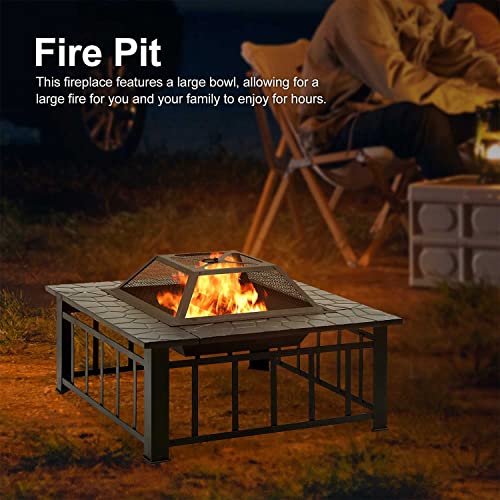32in Firepit with Spark Screen,Square Firepit with Waterproof Cover, Poker,3 in 1 Patio Firepit Table BBQ Garden Stove for Outside Wood Burning and Drink Cooling