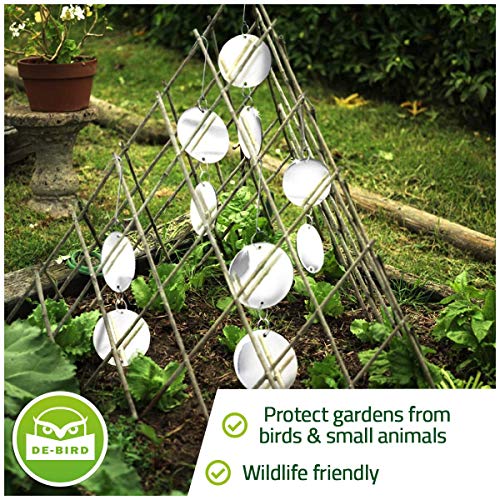 De-Bird Bundle Includes: 8 pk Reflective Repellent Disks & Heavy Duty Bird Netting to Keep Away Woodpecker, Pigeons, and Protect Plants & Fruit Trees