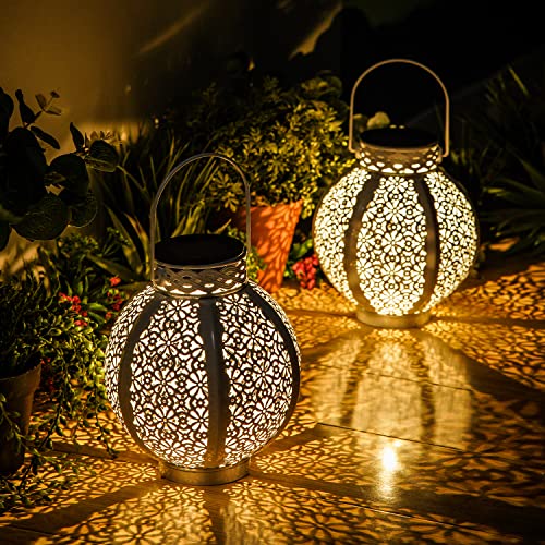 Outdoor Solar Lantern 2 Pack Hanging Solar Lanterns Waterproof Solar Lights with Handle, Outdoor Solar Garden Lights Decor for Yard Patio, White