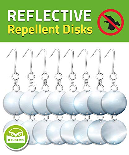 De-Bird Bundle Includes: 8 pk Reflective Repellent Disks & Heavy Duty Bird Netting to Keep Away Woodpecker, Pigeons, and Protect Plants & Fruit Trees