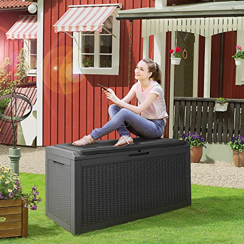 JUMMICO 100 Gallon Large Resin Deck Box Waterproof Outdoor Indoor Storage Box Imitation Rattan Storage Lockable Container for Garden Pool Cushions Patio Furniture (Gray)