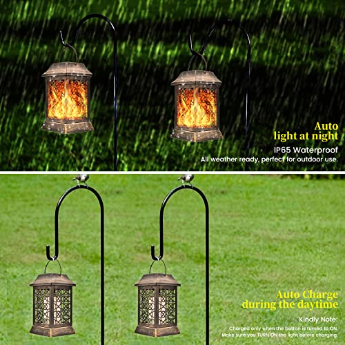 Dolucky Solar Lights Metal Flickering Flame Solar Lantern Outdoor Hanging Lanterns Lighting Heavy Duty Solar Powered Flame Lights Outdoor Waterproof for Patio Garden Yard, Pack of 2(Bronze)