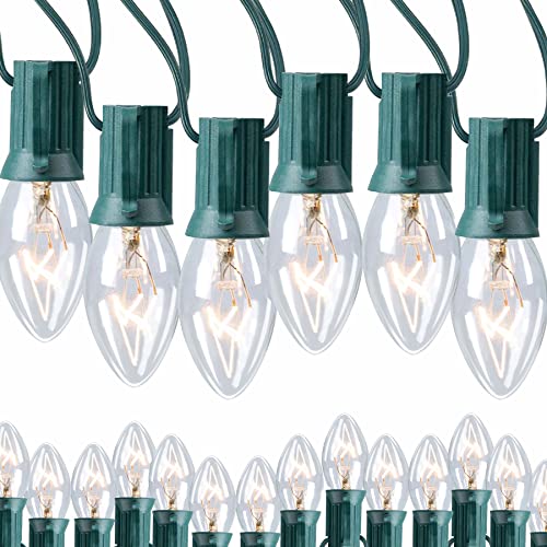 vanpein C9 Clear Christmas String Lights, 50FT Outdoor Christmas Lights for Patio Roofline Indoor, Vintage C9 String Lights with 50+4 Bulbs for Garden Party Holiday Wedding Decor, Green Wire