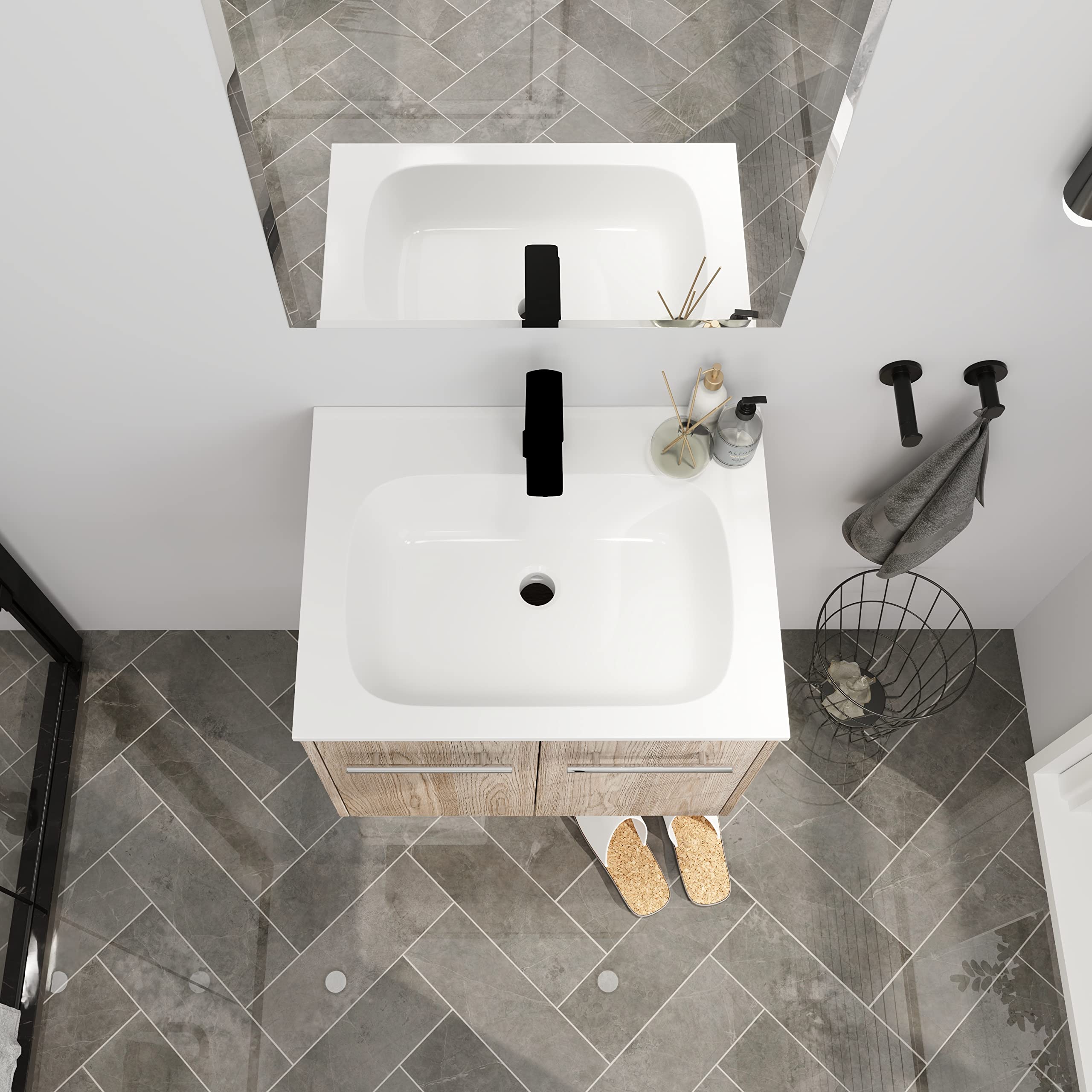 KFHSE 24 Inch Modern Set,Wall Mounted Bathroom Vanity Sink Combo with Top Basin & Soft Closing Door,Storage Wood Hanging Bath Cabinet for Small Space,White Oak