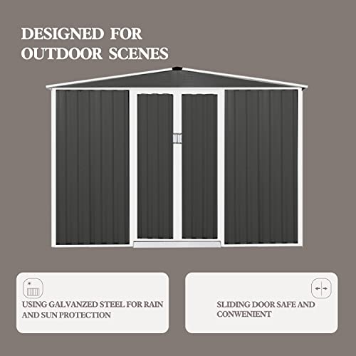 SOLAURA 8'x6' Outdoor Vented Storage Shed Garden Backyard Tool Steel Cabin (Grey)