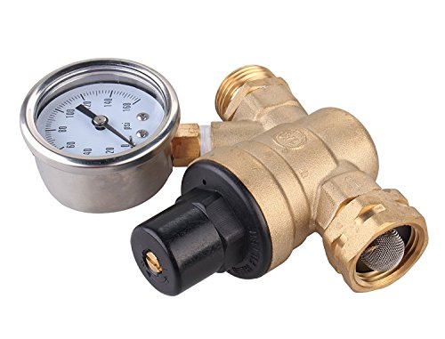 Water Pressure Regulator, Brass Lead-free Adjustable RV Water Pressure Reducer with Guage and Inlet Screened Filter, 160 PSI Gauge, By Kepooman (Gauge)