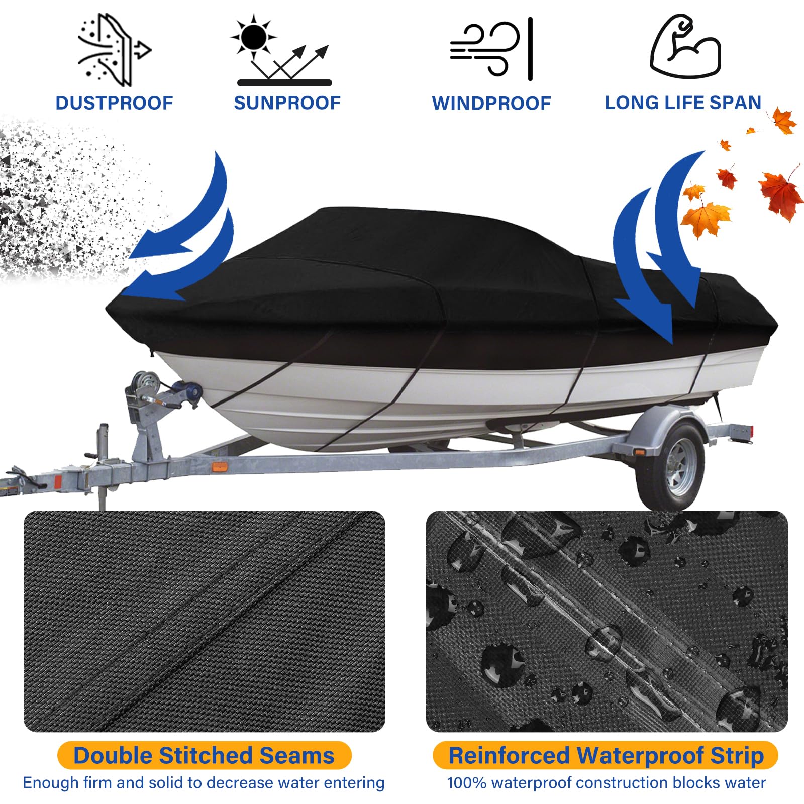 Hifybaty 17'- 19' Boat Cover - Heavy Duty 600D Dual PU Trailerable Marine Grade Polyester Canvas, Fits 17-19ft V-Hull, Tri-Hull, Fishing Boat, Runabout, Pro-Style Bass Boat with Tightening Strap