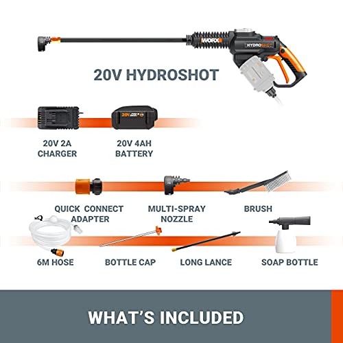 WORX 20V Brushless Hydroshot WG630.2 Cordless High Flow Pressure Washer, Car Washer, Home Cleaner Portable Garden Watering, PowerShare, 5-in-1 Adjustable Nozzle, 1 * 4.0Ah Battery & Charger Included