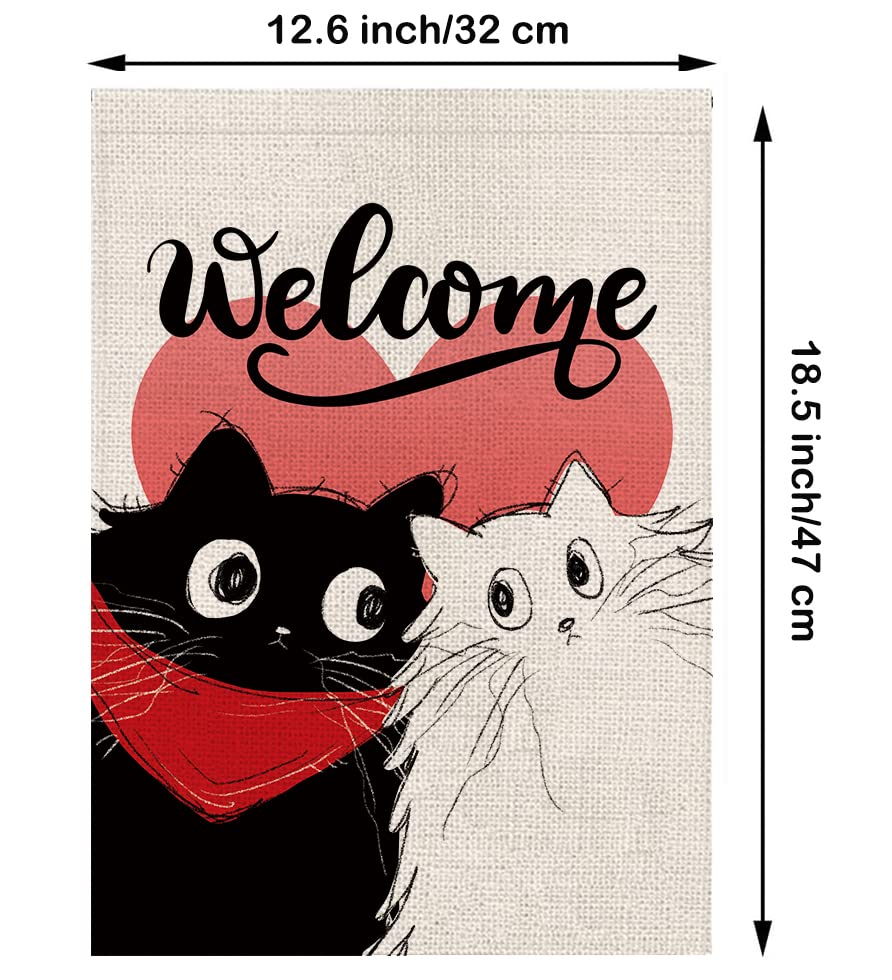Valentines Day Garden Flag Cat Welcome Valentines Garden Flag Love Heart Home Burlap Double Sided Yard Decor 12.5x18 Inch