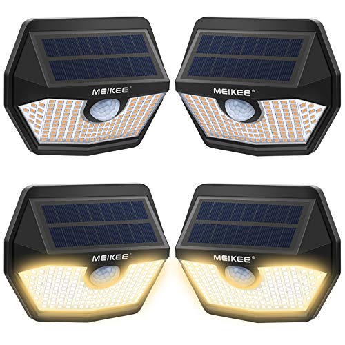MEIKEE Solar Lights Outdoor Motion Sensor, 150 LEDs 2700K Warm White Solar Motion Light Outdoor 270° Wide Angle, IP65 Waterproof Solar Security Lights for Garden Patio Yard Deck Garage Fence -4 Pack