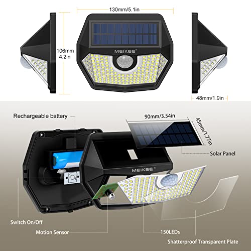 MEIKEE Solar Lights Outdoor Motion Sensor, 150 LEDs 2700K Warm White Solar Motion Light Outdoor 270° Wide Angle, IP65 Waterproof Solar Security Lights for Garden Patio Yard Deck Garage Fence -4 Pack