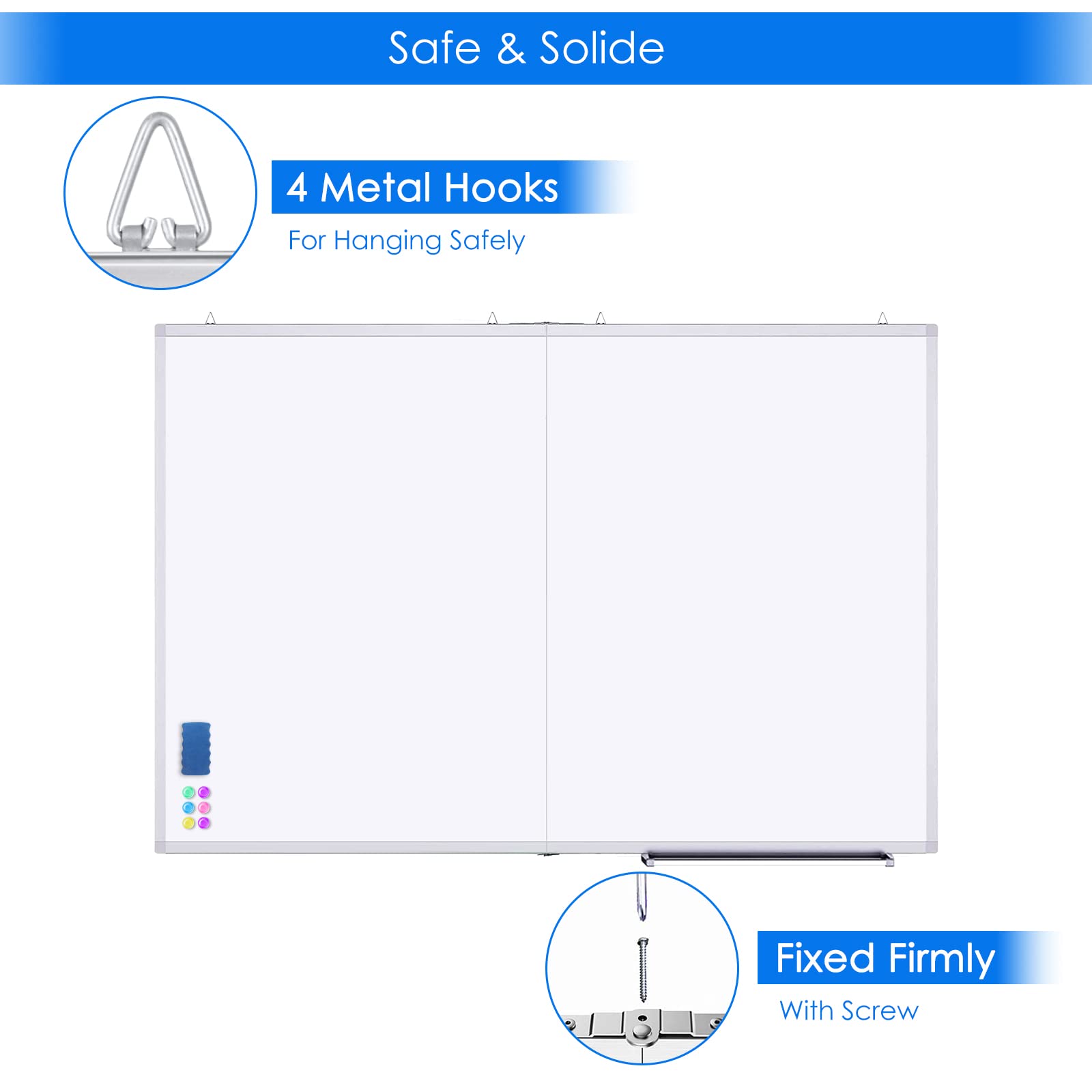 Large Magnetic Whiteboard, maxtek 60 x 36 Magnetic Dry Erase Board Foldable with Marker Tray 1 Eraser 3 Markers and 6 Magnets | 5' x 3' Big Wall-Mounted Memo White Board for Office Home & School