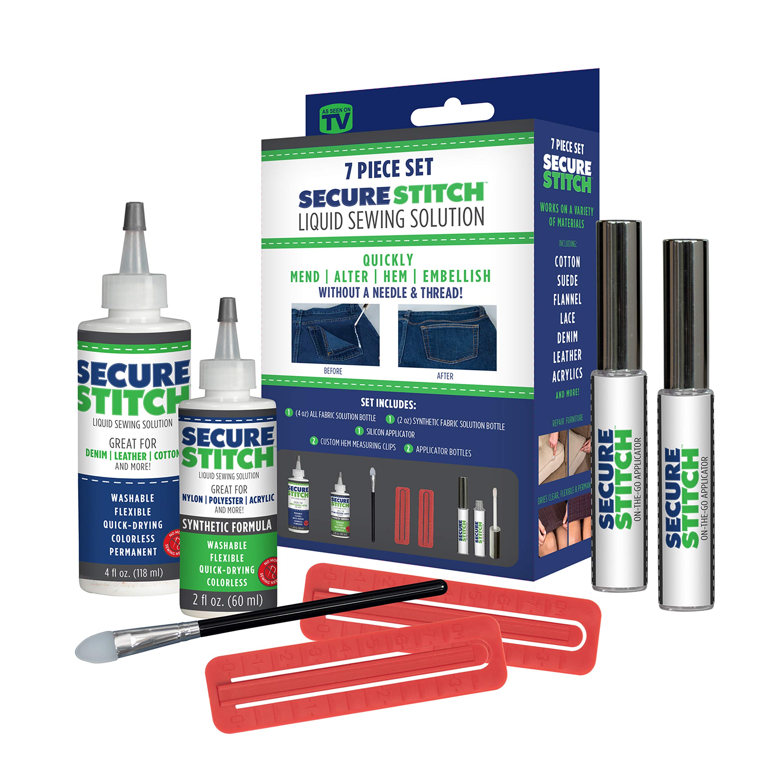 Secure Stitch Liquid Sewing Solution Kit! Fabric Glue That Quickly Mends, Alters, Hems & Embellishes Without a Needle and Thread! Includes: 4oz.Fabric Solution & 2oz All Fabric Solution