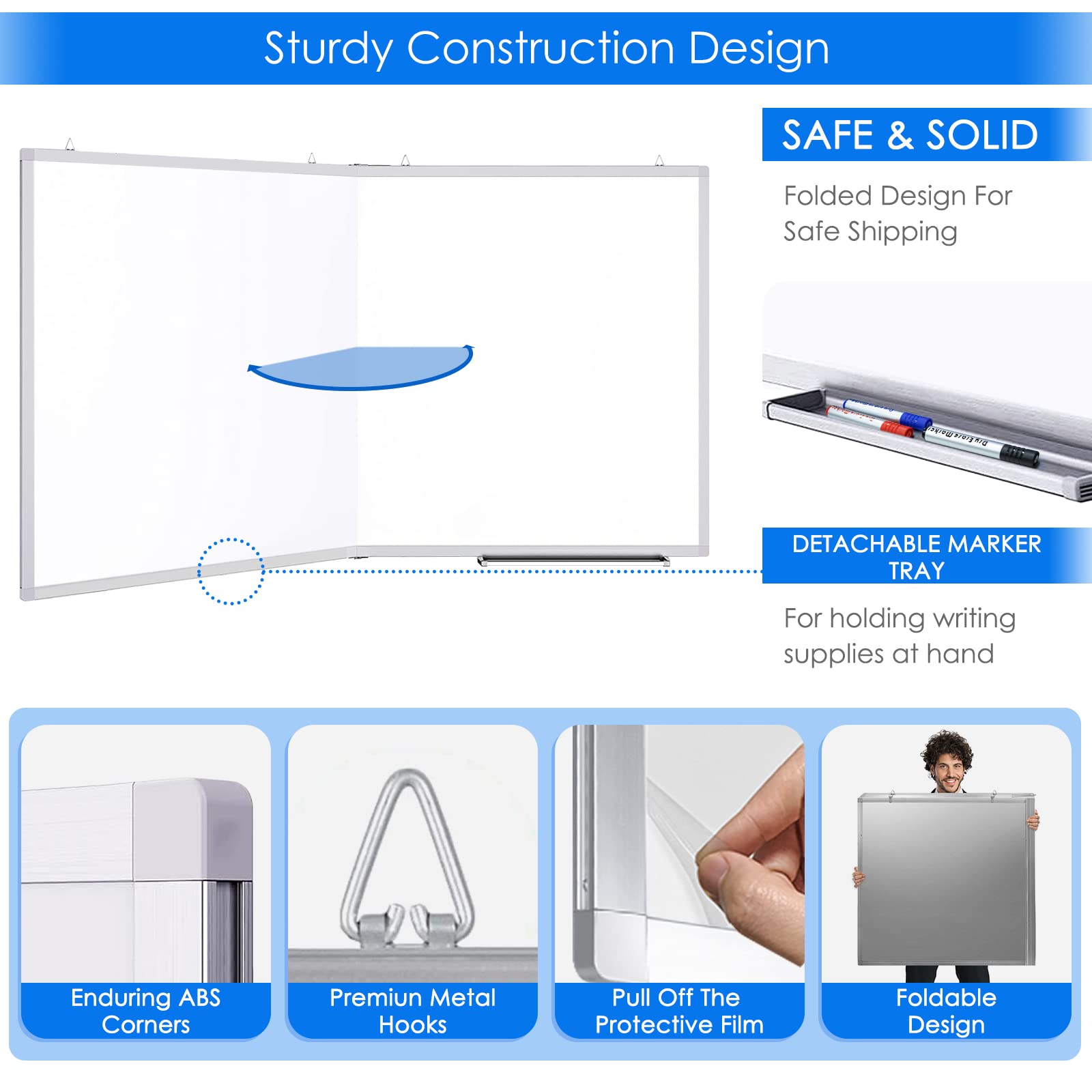 Large Magnetic Whiteboard, maxtek 60 x 36 Magnetic Dry Erase Board Foldable with Marker Tray 1 Eraser 3 Markers and 6 Magnets | 5' x 3' Big Wall-Mounted Memo White Board for Office Home & School