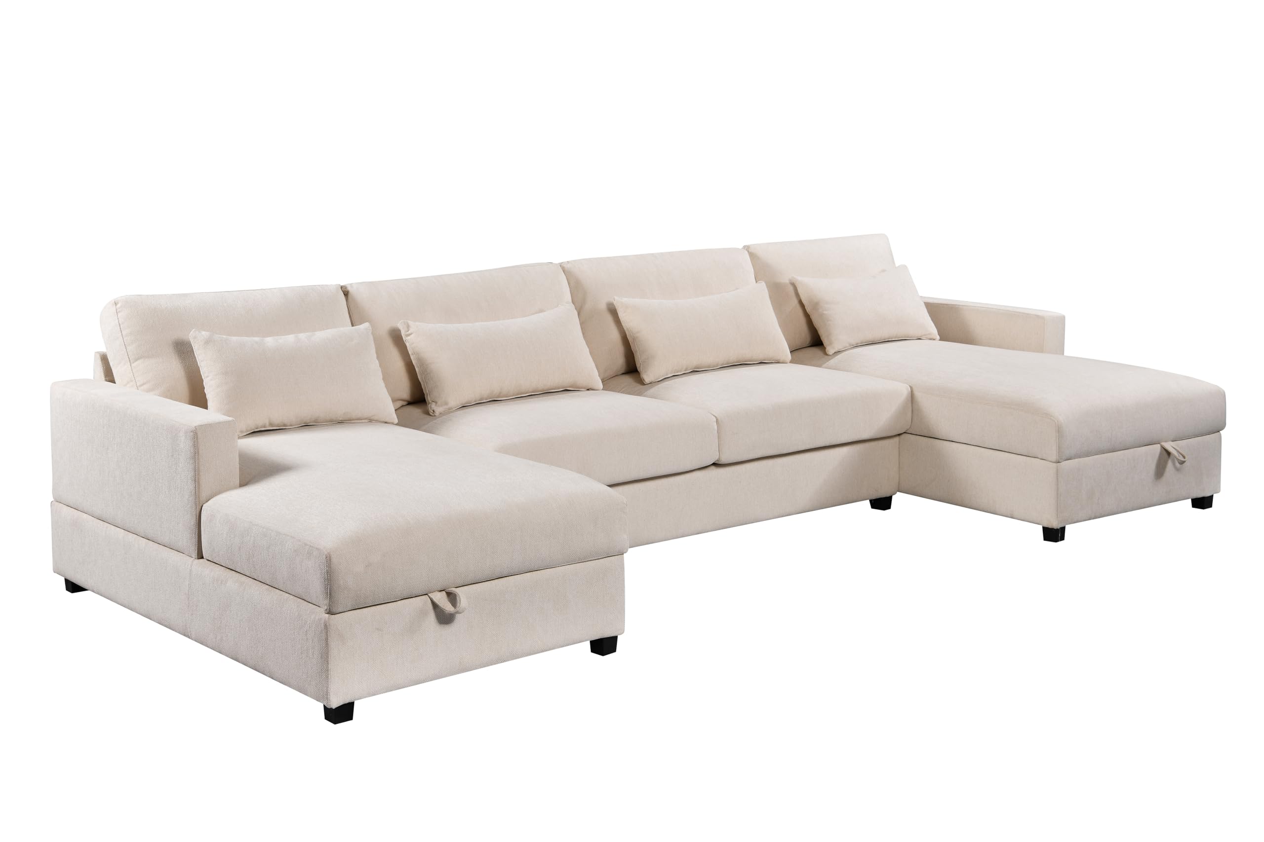 U Shaped Couch Sectional Sofa with Storage Oversized Sectional Couch with Double Chaise Lounge Modern 6 Seat Cloud Couch with 4 Lumbar Support Pillows for Living Room, Beige