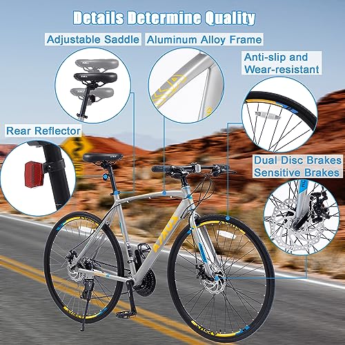 petolovty Hybrid Road Bikes for Men and Women, 700C/28 Inch Road Bikes, 24 Speed Commuter Bike with Sturdy Frame