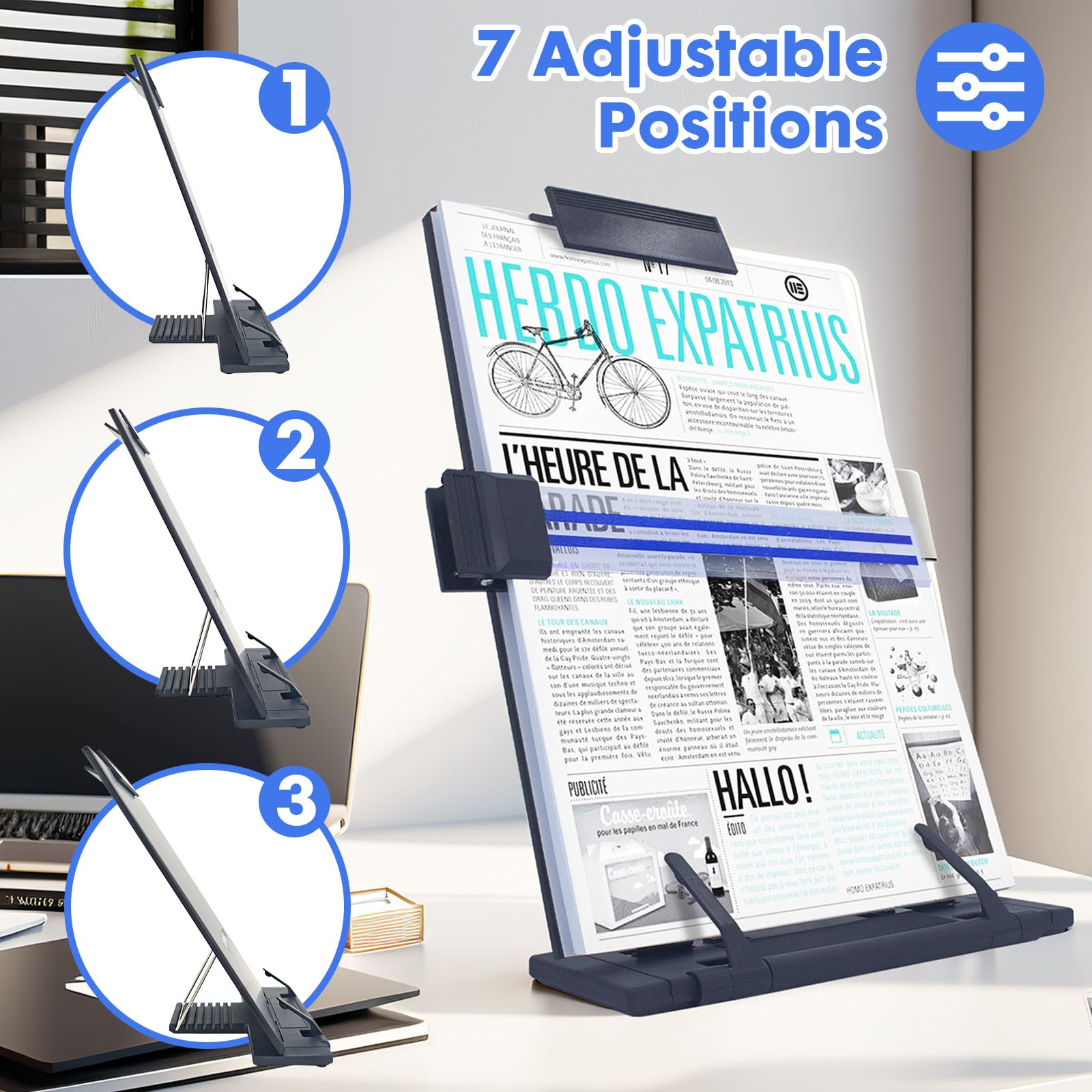 Black Metal Desktop Document Book Holder with 7 Adjustable Positions (Black)