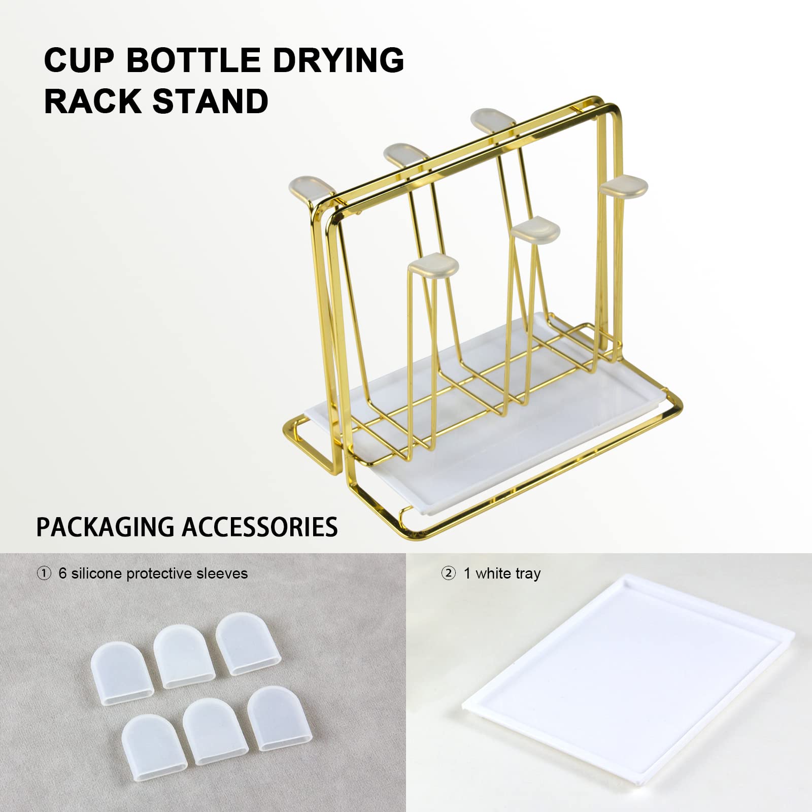 KCGANI Cup Bottle Drying Rack Stand, Metal Mugs Holder with Drain Tray, 6 Hooks Drying Organizer with Handle, Non-Slip Mugs Cups Organizer for Home Kitchen Countertop, Cabinet, Pantry