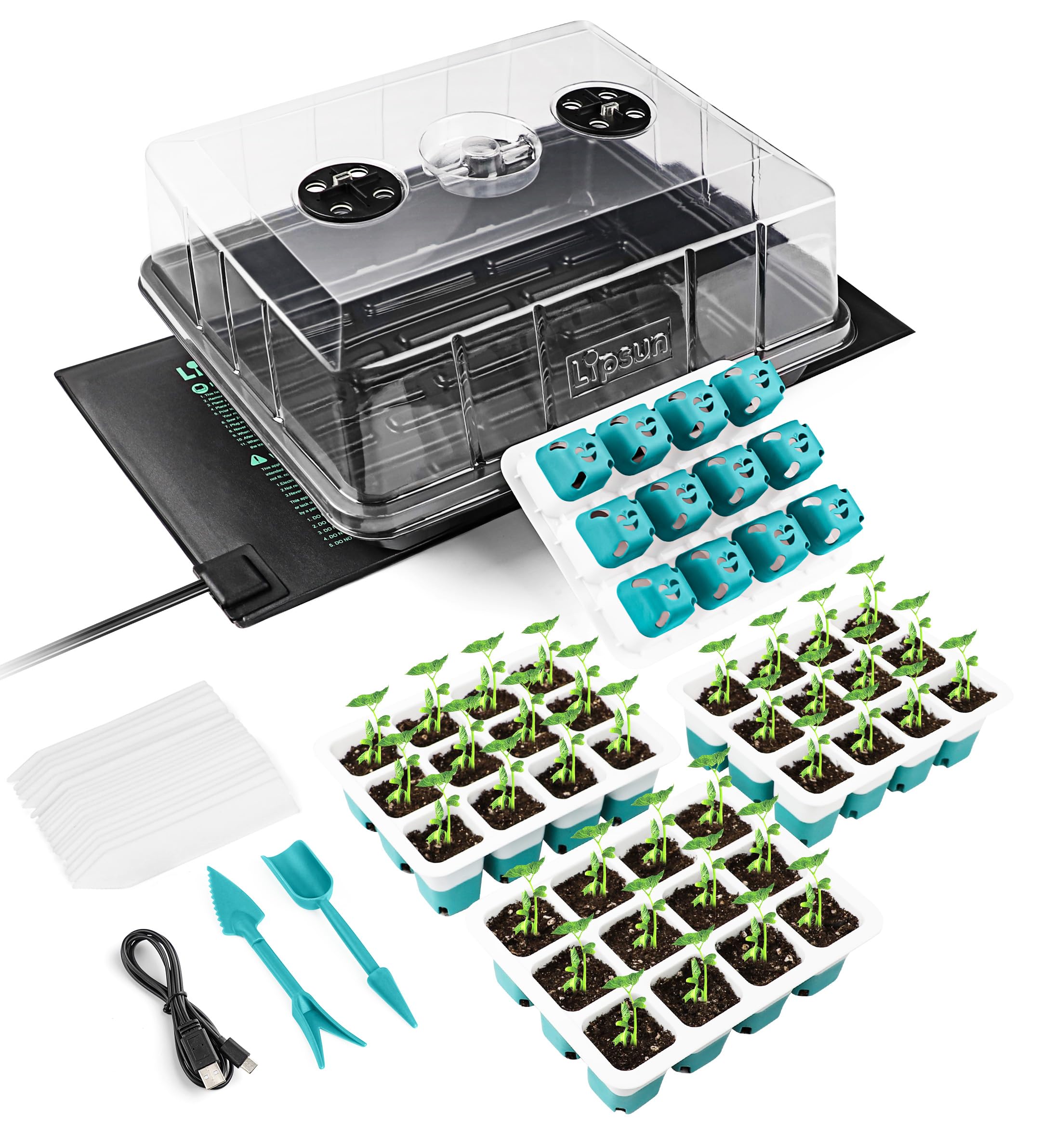 LIPSUN Seed Starter Tray Kit with Grow Light, Seedling Starter Trays, 48 Cells Reusable Plant Starters Silicone, Enhanced Material Seed Germination Kit with Heat Mat/Humidity Dome/High-Raised Lid