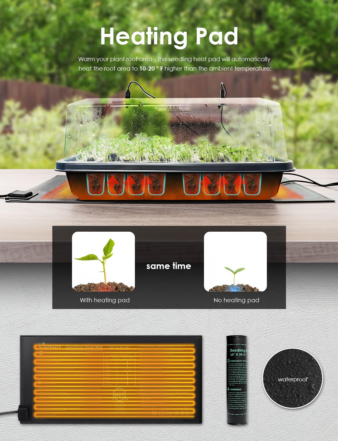 LIPSUN Seed Starter Tray Kit with Grow Light, Seedling Starter Trays, 48 Cells Reusable Plant Starters Silicone, Enhanced Material Seed Germination Kit with Heat Mat/Humidity Dome/High-Raised Lid